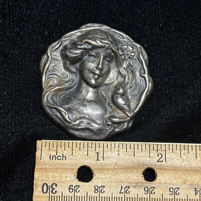 Large Antique Repousse Lady Maiden Bird Art Nouveau Brooch Pin-Sterling ...