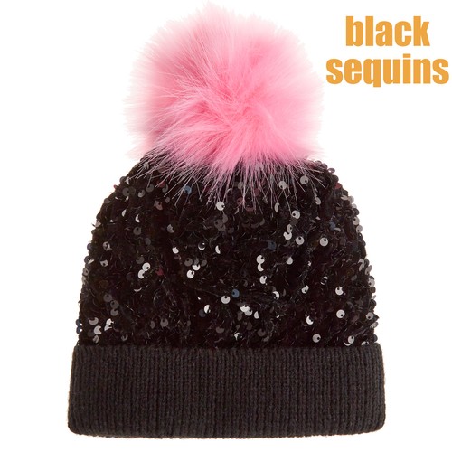 Kids Girls Sequin Pom Pom Bobble Winter Hat Black with Pink Pom Pom UK ...