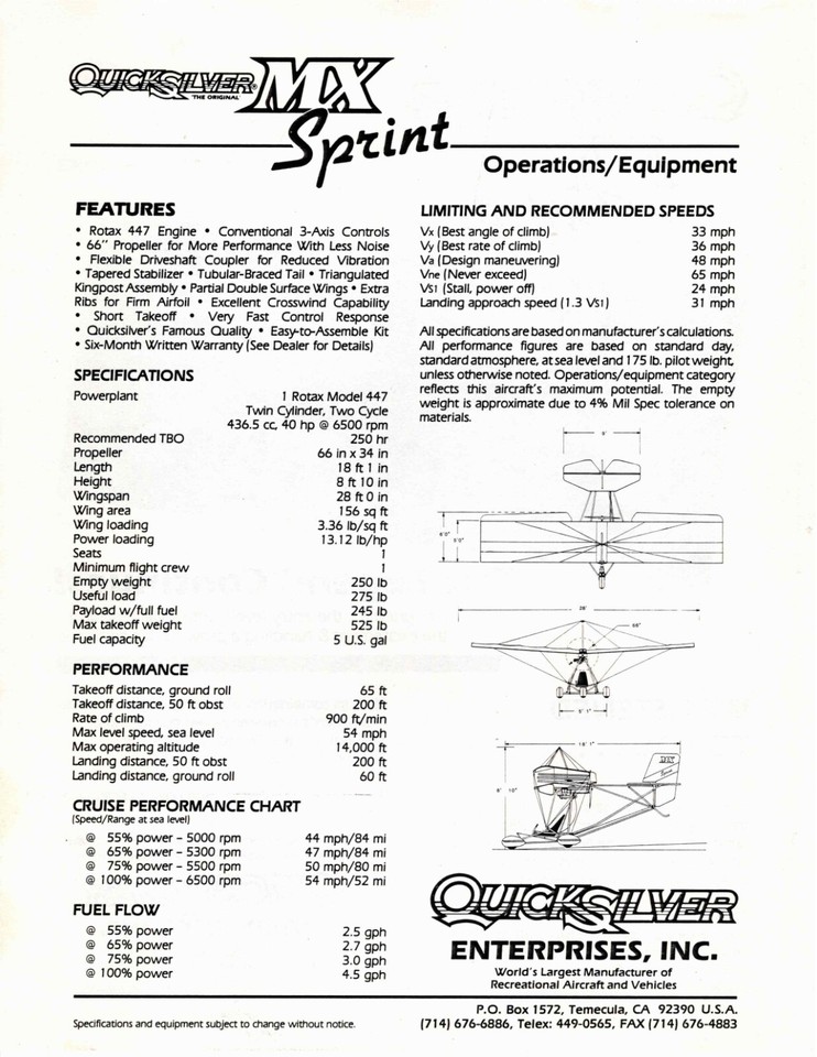 Quicksilver Ultralight Aircraft MX Sprint Brochure | eBay