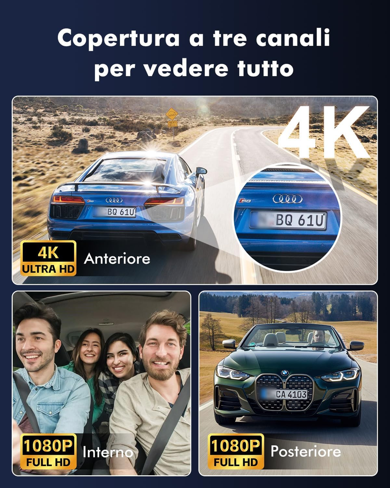 Dash Cam Auto 3 Canali, 4K UHD Anteriore + Full HD Posteriore + Interno ...