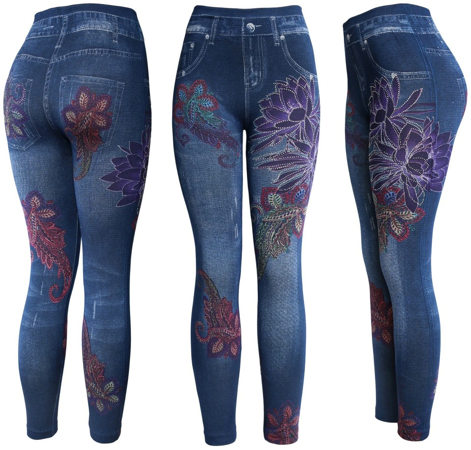 High Waist Women's Denim Print Fake Faux Jeans Leggings Pants | eBay