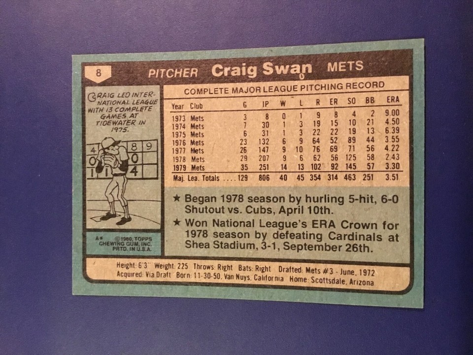 1980 Topps # 8 CRAIG SWAN New York Mets Great Shape Look ! | eBay