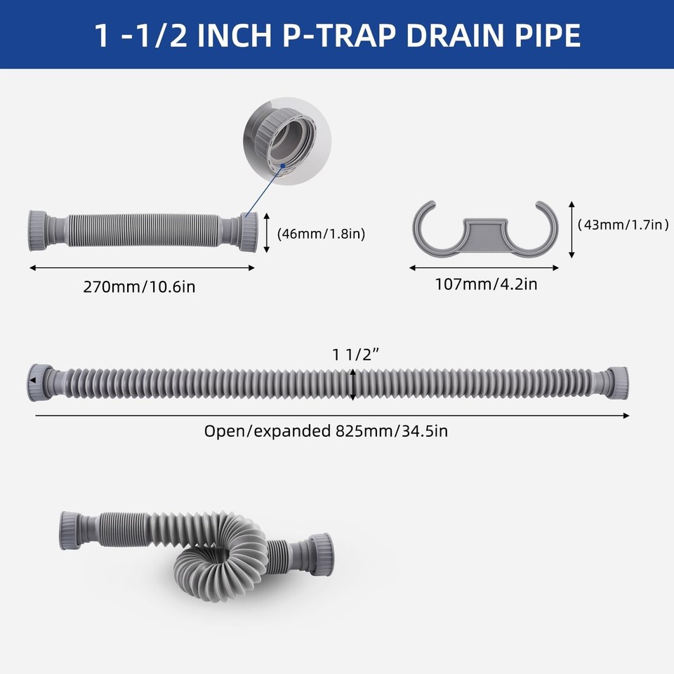 2P Flexible 1-1/2" P-Trap Pipe, Sink Drain Pipe , Expandable P Trap ...