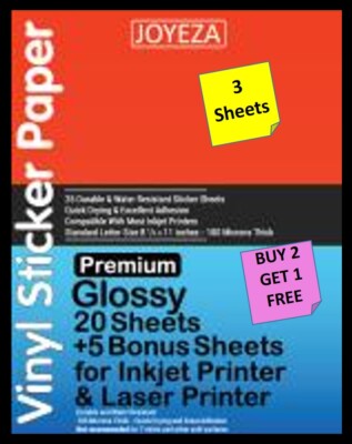 [3 Sheets] JOYEZA Glossy Vinyl Sticker Paper 8 1/2" X 11" INKJET/LASER ...