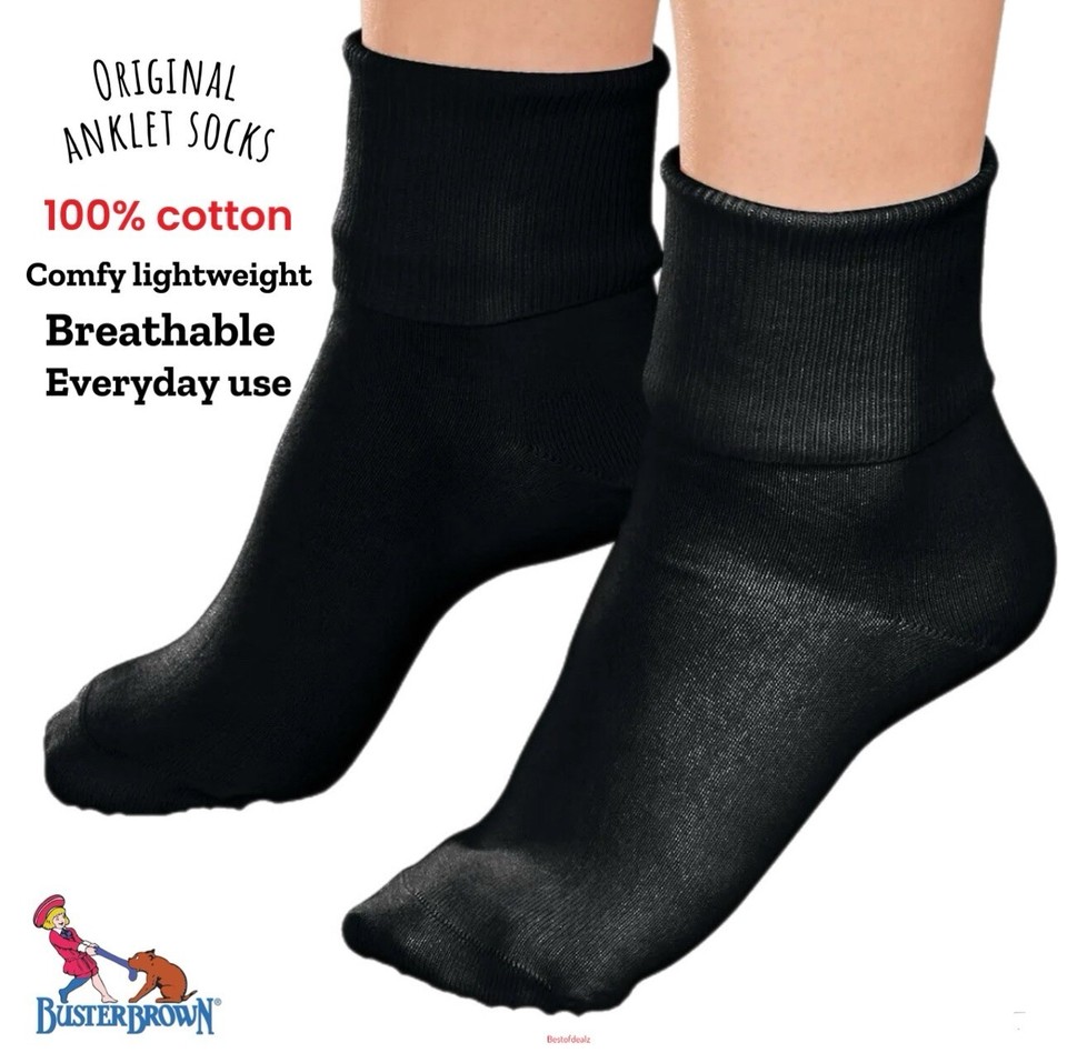 Buster Brown Womens 100% Cotton Socks Fold Over Bobby Socks Ankle Socks ...