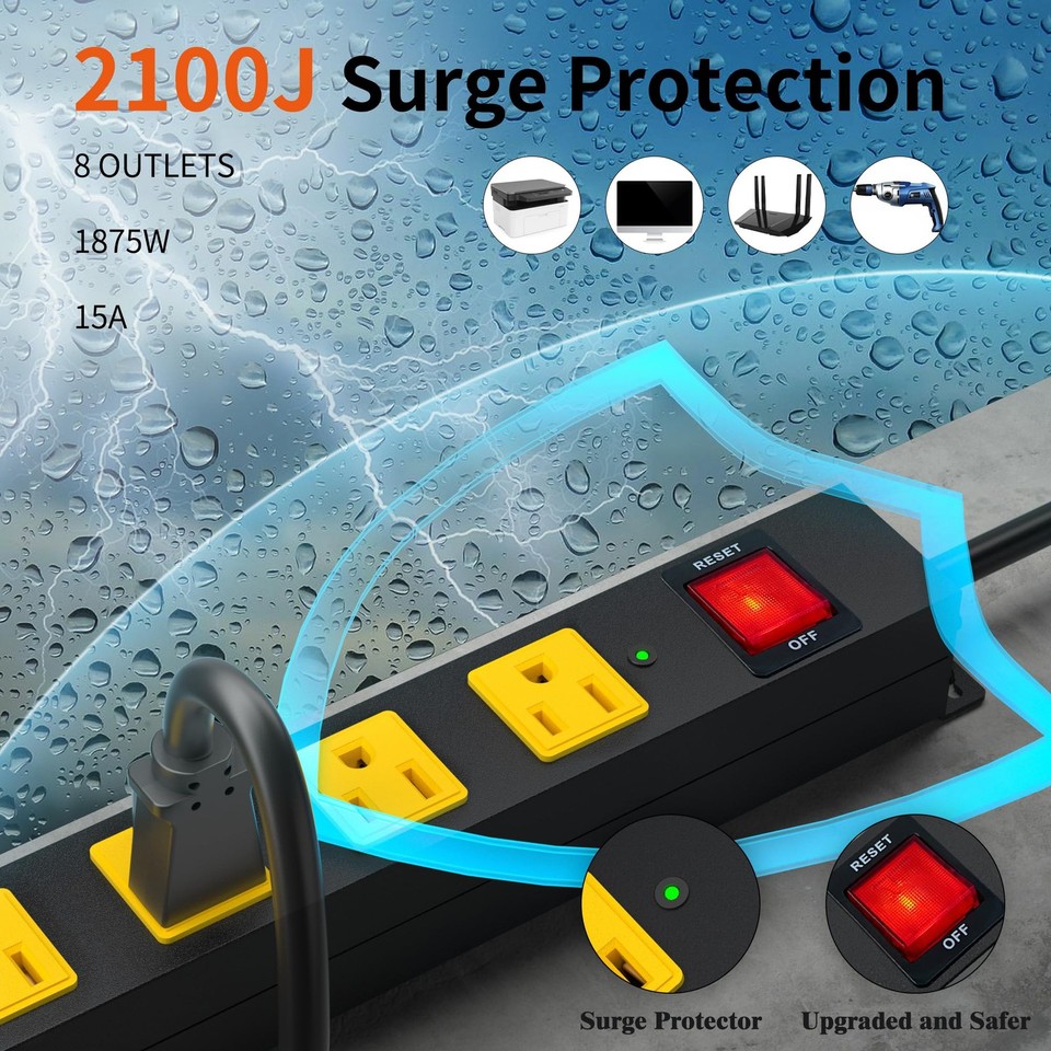 8 Outlet Long Power Strip, 2100J Surge Protector Heavy Duty 6FT Cord ...