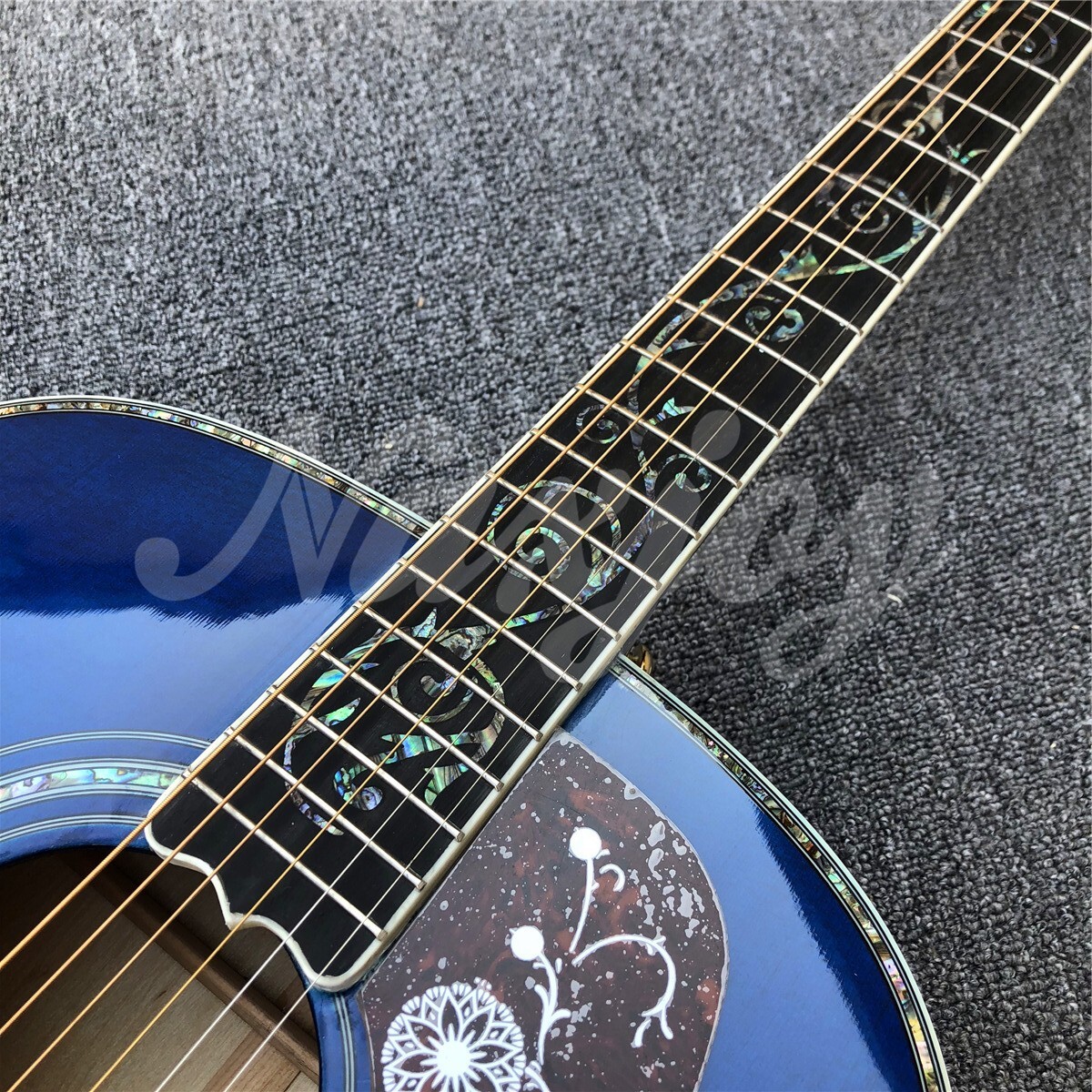 43" Blue Solid Spruce Acoustic Guitar Flame Maple Body Abalone Inlays ...
