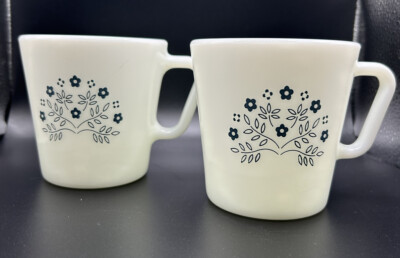 VTG Set of 2 PYREX Milk Glass Coffee Cups/Mugs #1410 Blue Summer ...