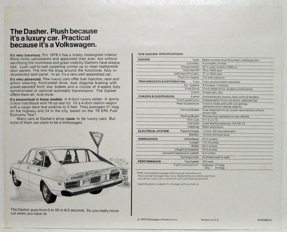 1976 Volkswagen VW Dasher Spec Sheet | eBay