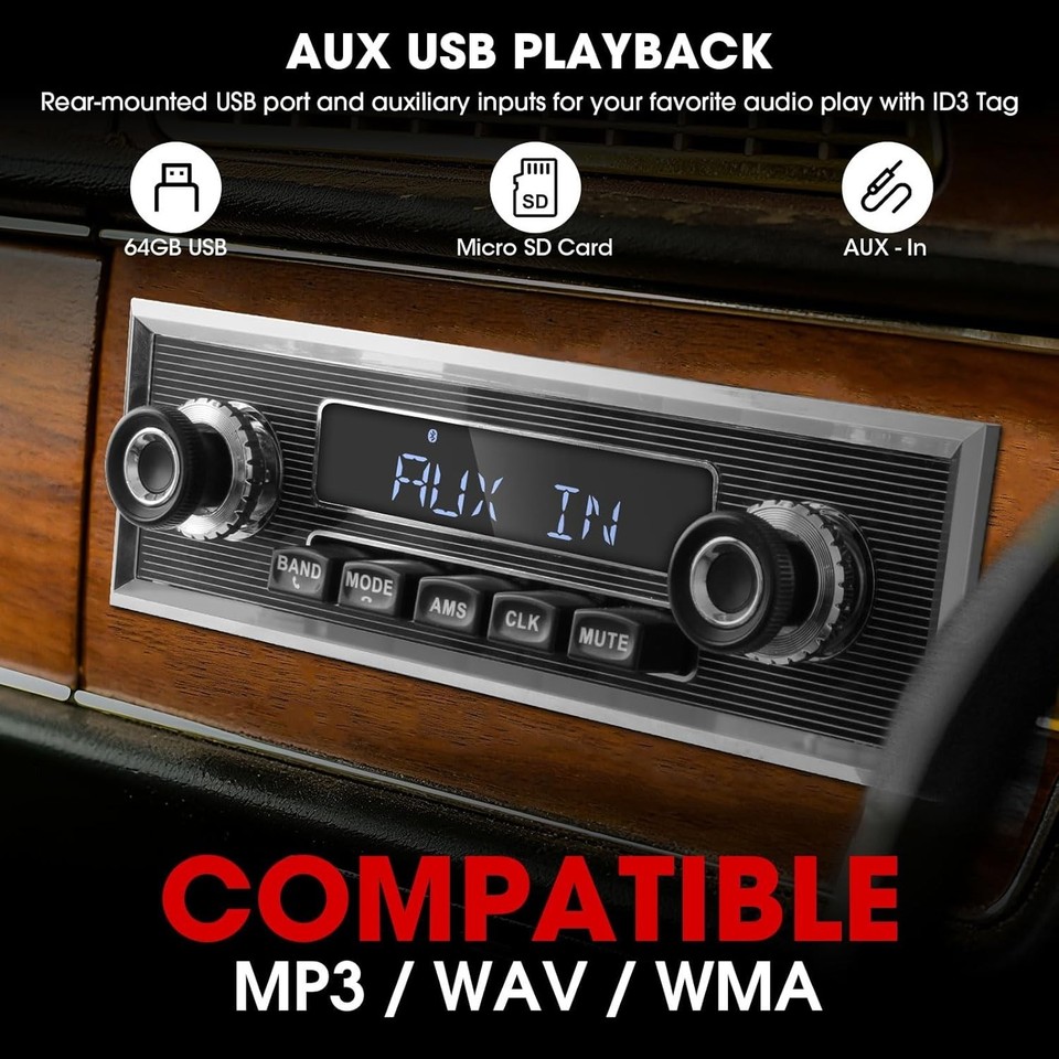 Retro Style Single DIN Car Stereo – Bluetooth Vintage Radio AM FM USB ...