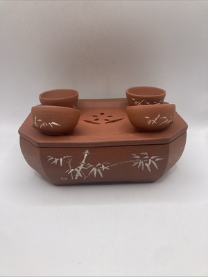 Vintage Yixing Zisha Clay Tea Basin w/ Matching Cups Bamboo Gongfu ...