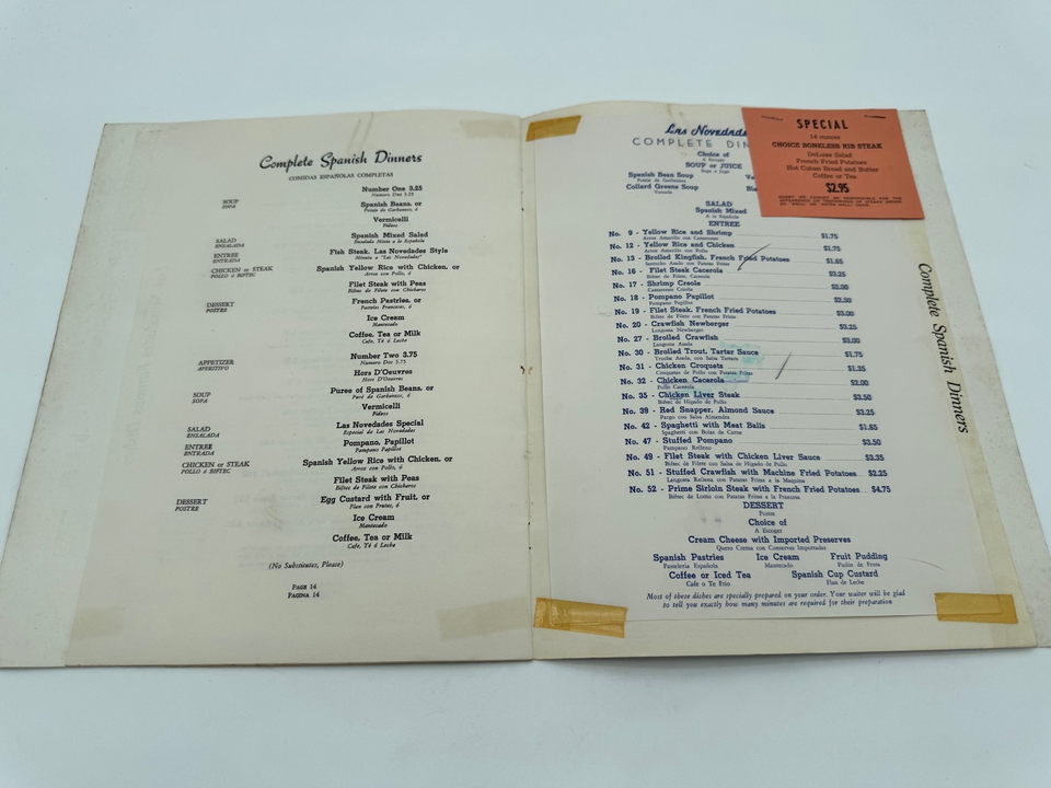 1950s Las Novedades Tampa's Oldest Spanish Restaurant Menu | eBay