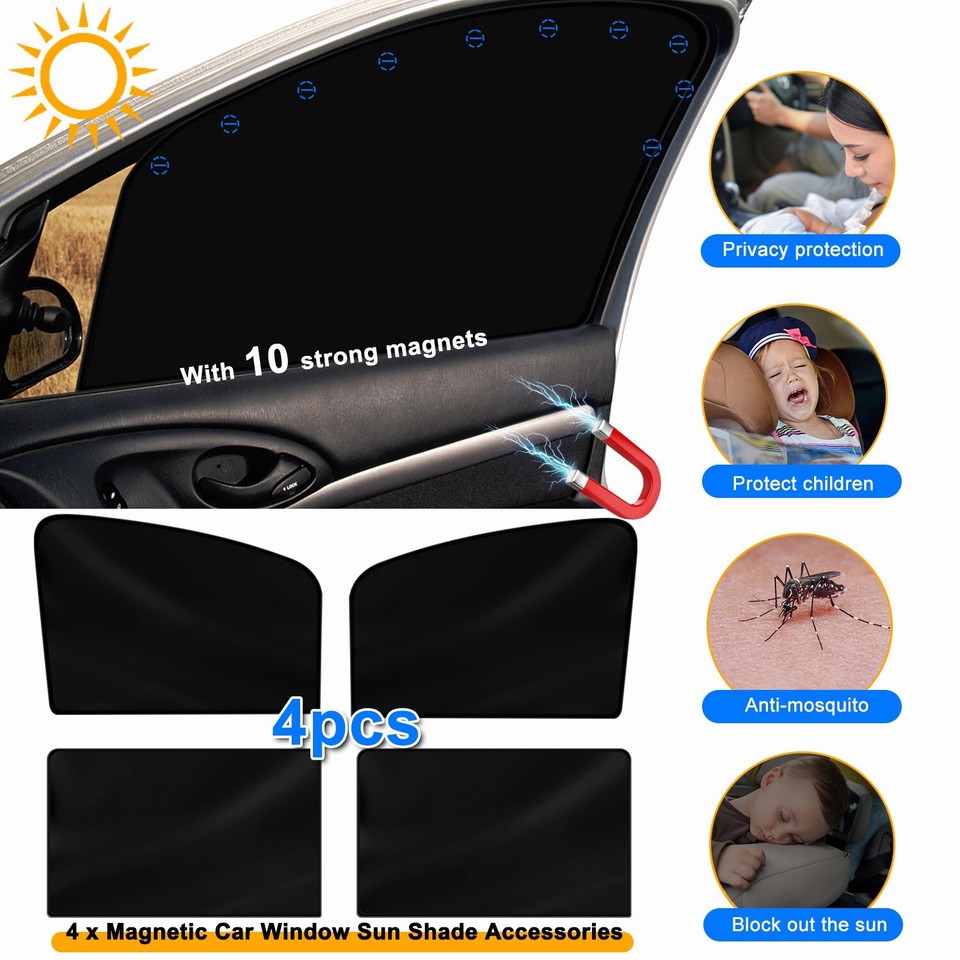 4X Magnetic Car Window Shades– Front/Rear Side Sun Covers for UV/Heat ...