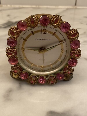 PHINNEY WALKER ALARM CLOCK - RHINESTONES FILIGREE - GERMANY - GOLD TONE ...