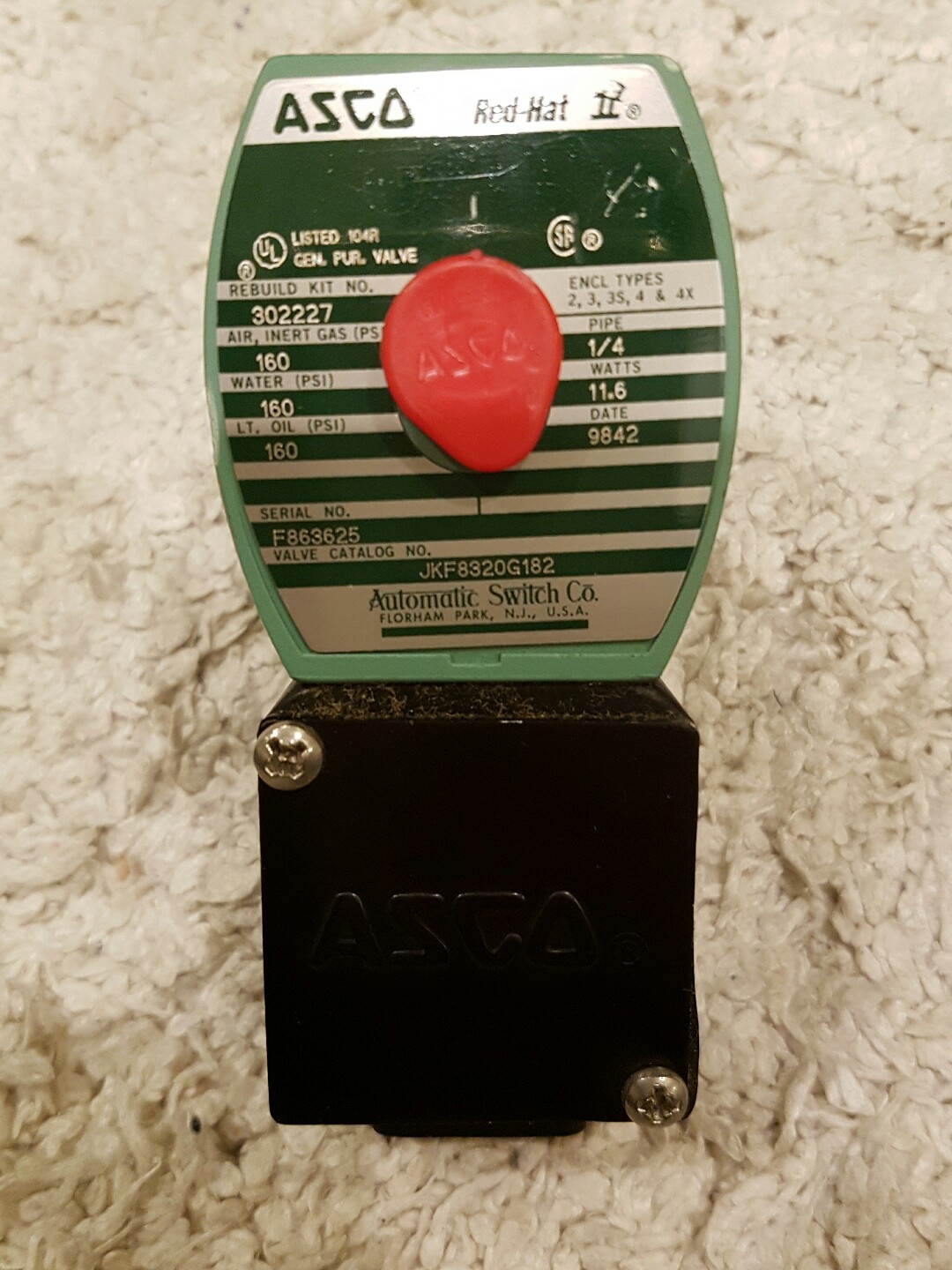 Red hat ASCO 8320G184 VALVE REBUILD KIT NO 302227 1/4 PIPE 11.6W 160PSI ...