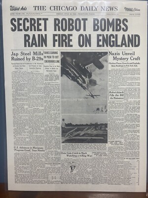 VINTAGE NEWSPAPER HEADLINE ~ SECRET DRAGON DRONES RAIN FIRE ON ENGLAND ...