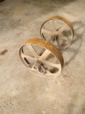 ANTIQUE CAST IRON FACTORY CART WHEELS & Axle RAILROAD Hit & Miss Cart ...