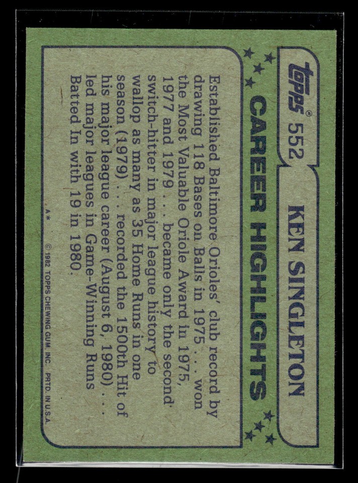 1982 Topps #552 Ken Singleton "Set Break" Mint Baltimore Orioles | eBay