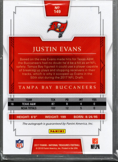 A7956 2017 Panini National Treasures Rouge Jersey Numéro #149 Justin ...