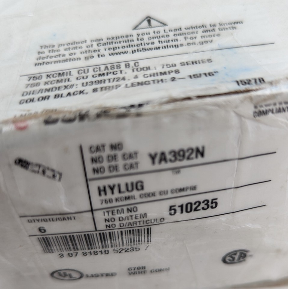 6 BURNDY YA392N 2-Hole Lug Copper Compression Connector Straight 750 ...