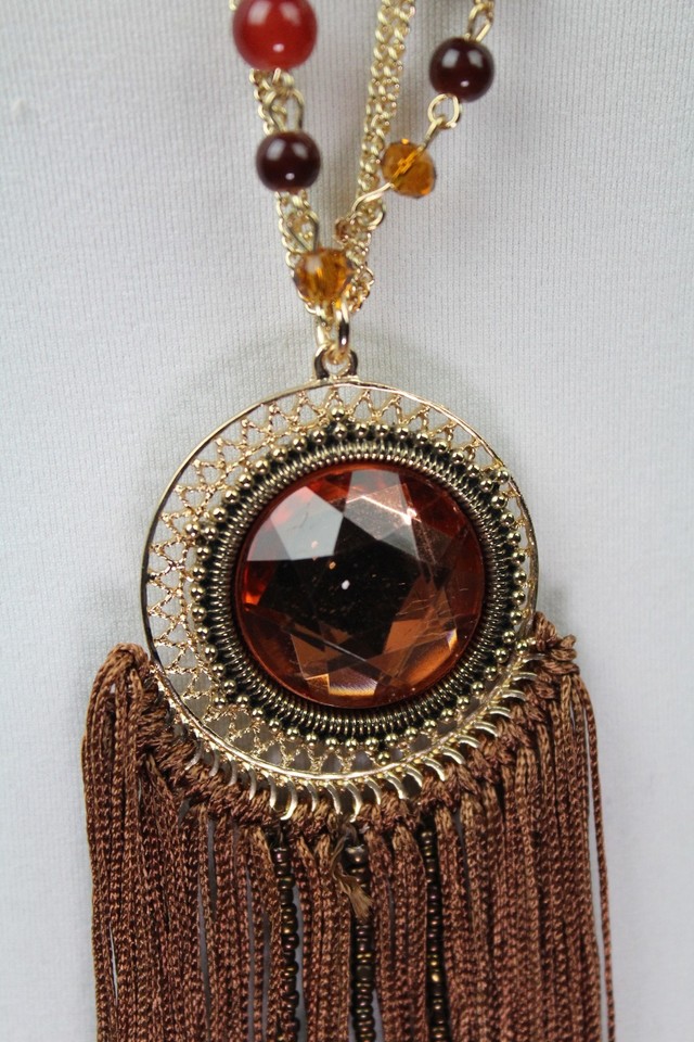 Long Fringe Necklace Set W Large Colored Rhinestones, Filigree & Yarn ...