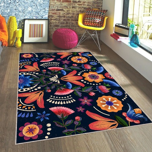Boho Floral Area Rug, Colorful Folk Art Carpet, Vibrant Botanical ...