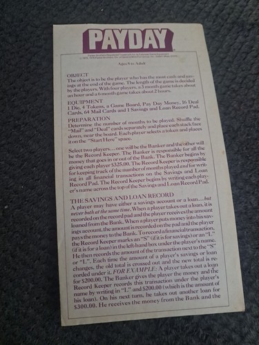 Vintage Payday Board Game 1970s Replacement Instructions GOOD PRE-OWNED ...
