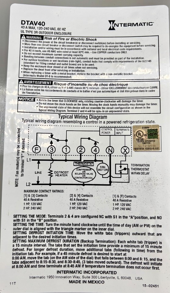 GRASSLIN / DTAV40 / Electromechanical 24-Hour Defrost Timer NEMA 3R 120 ...