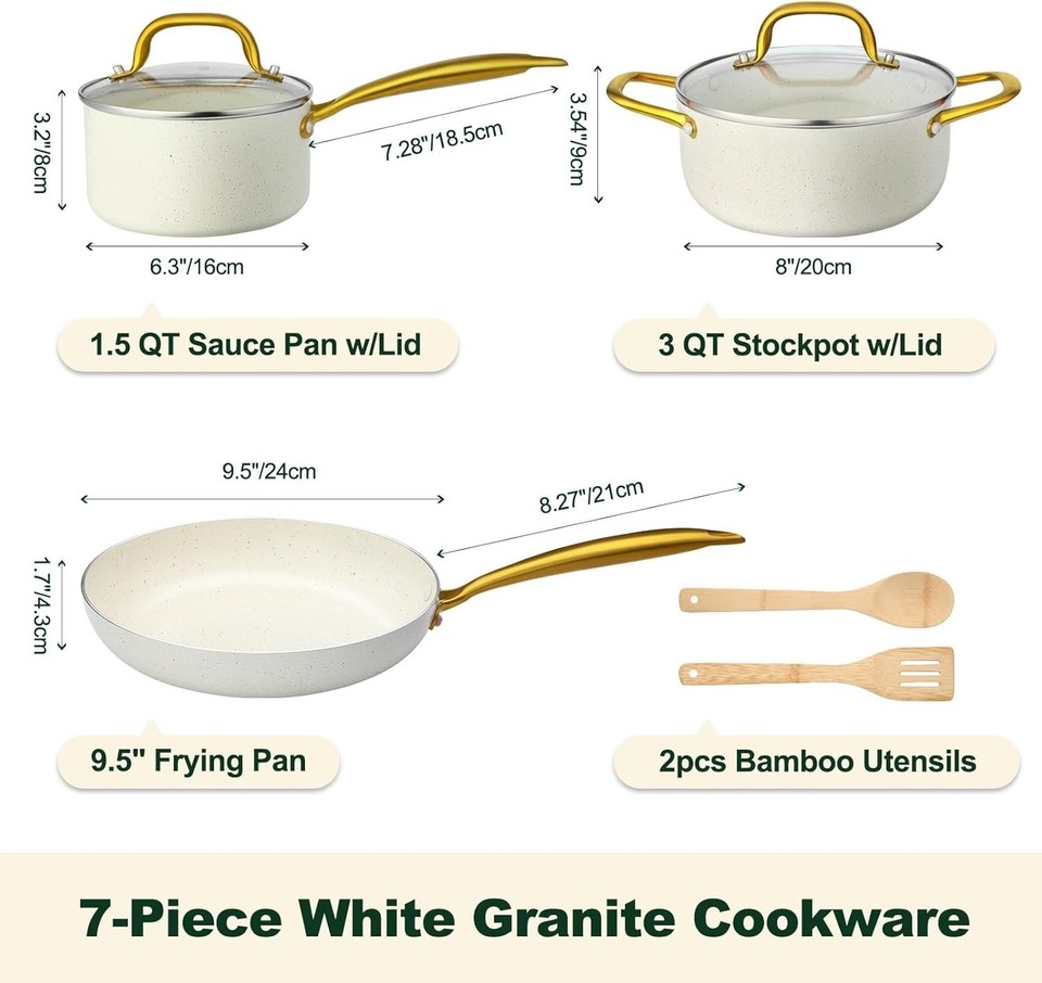 Pots and Pans Set Non Stick, 7 Piece White Granite Induction Cookware ...
