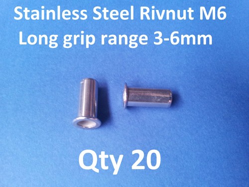 20 X STAINLESS STEEL RIVNUTS M6 LONG GRIP NUTSERT RIVET RIV NUT RIVNUT ...