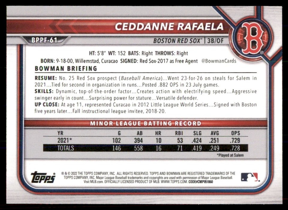 Ceddanne Rafaela 2022 Bowman 1st Edition Rookie First Card RC #BPPF-61 ...