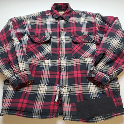 C.E. Schmidt Quilted Jacket Mens M Flannel Plaid Button Front Rips U47 ...