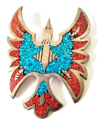 Navajo Sterling Silver Peyote Water Bird Inlay Turquoise Coral Pendent ...