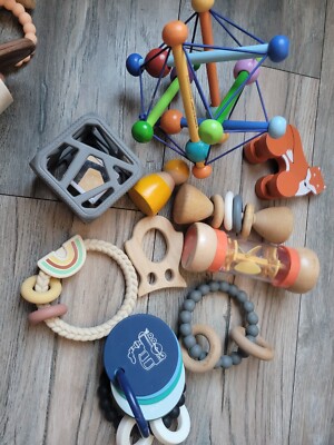 Wooden Rattles Toys Silicone Teething Baby Toys LOT GUC | eBay