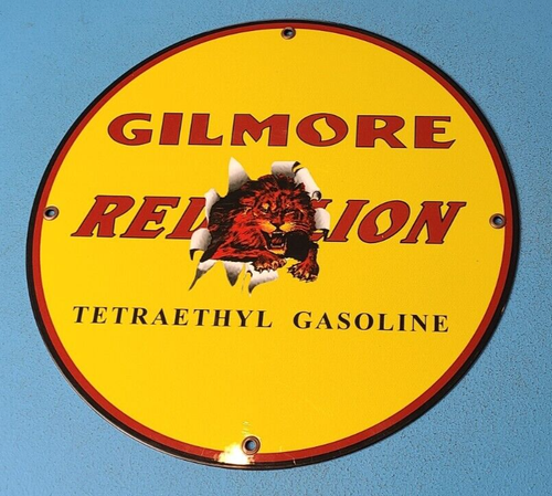 VINTAGE GILMORE OIL CO PORCELAIN METAL SERVICE STATION GAS LION PUMP ...
