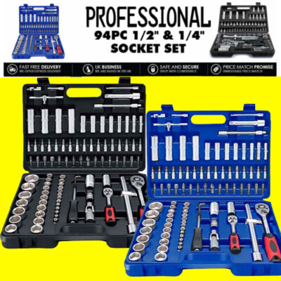 94Pcs Socket Set 1/2 1/4” Ratchet Screwdriver Driver Kit Car Home ...