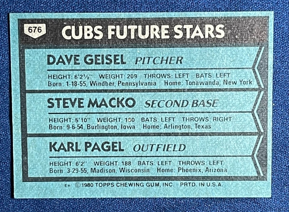 1980 TOPPS #676 DAVE GEISEL, STEVE MACKO, KARL PAGEL (CHICAGO CUBS ...
