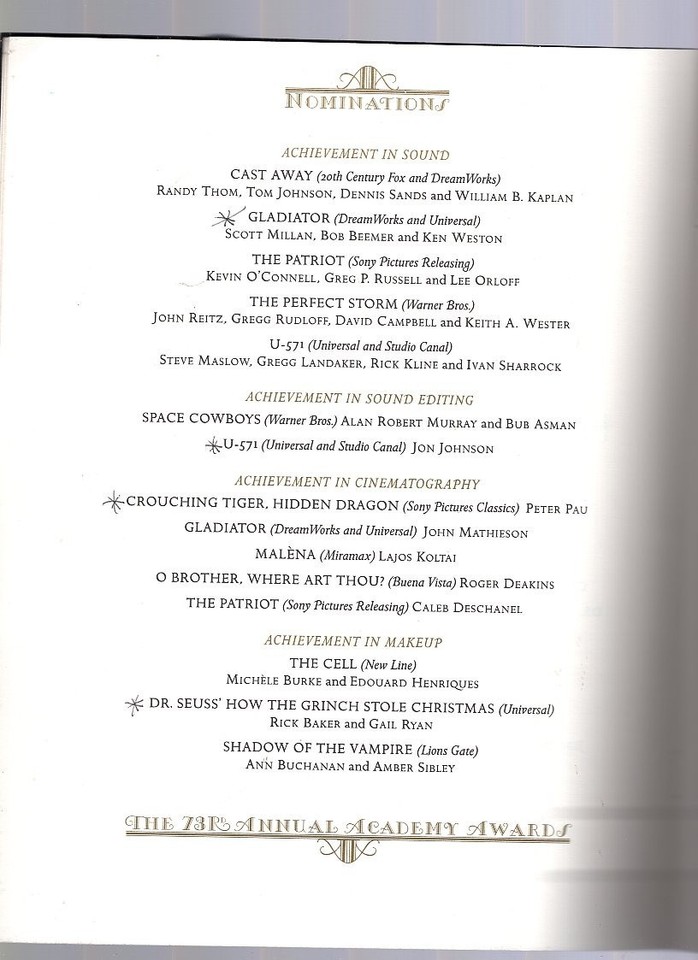 73rd ANNUAL ACADEMY AWARDS PROGRAM MARCH 25, 2001 | eBay