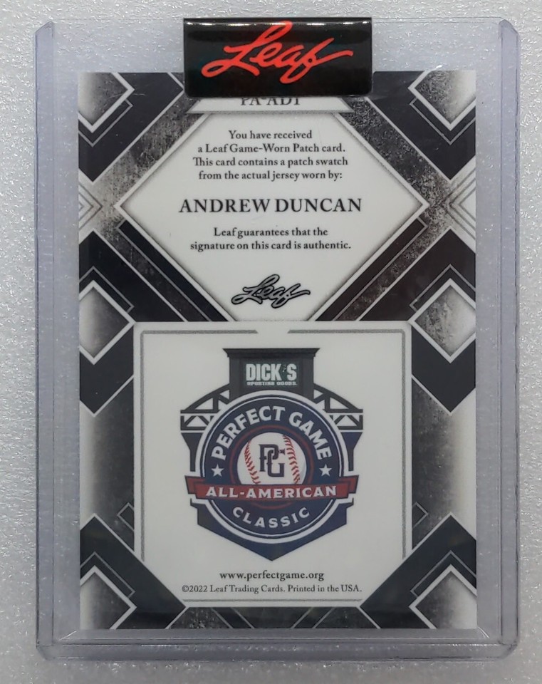 2022 LEAF METAL PERFECT GAME ANDREW DUNCAN JERSEY PATCH 1/1 BLACK AUTO ...