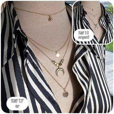 Collier multi-rangs lune or, médaille, collier à plusieurs rangs lune ...