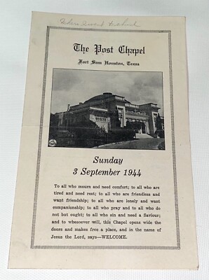 Rare Antique World War II Chapel Fort Sam Houston Religious Program ...