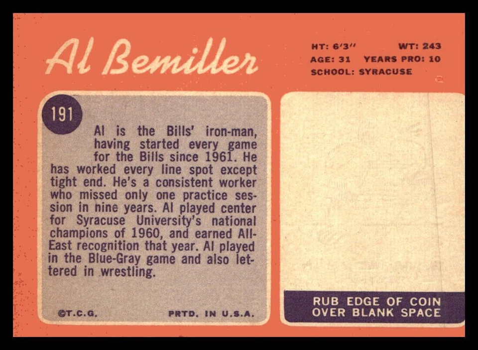 1970 Al Bemiller Topps Football #191 EX-MT *NICE* SET BREAK | eBay