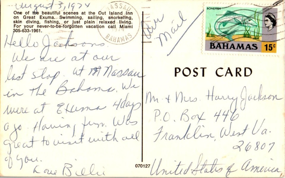 Bahama Beach postcard. Cancel 1974 Nassau, Bahamas Out Island Inn | eBay