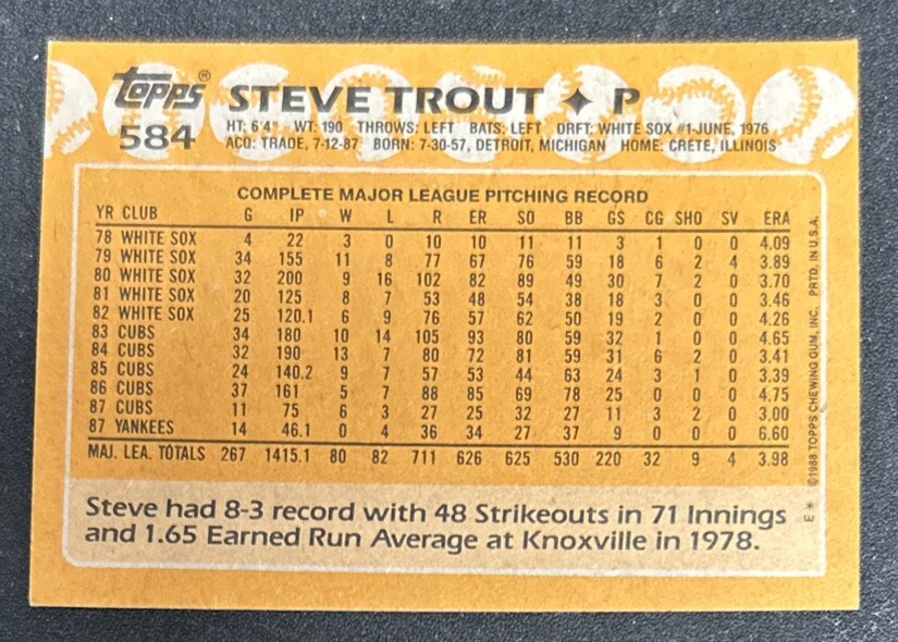 1988 Topps Steve Trout Baseball Card #584 Yankees Pitcher VG O/C | eBay