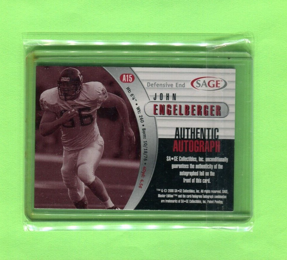 JOHN ENGELBERGER VIRGINIA TECH 49ERS 2000 SAGE HIT NFL AUTOGRAPH CARD # ...