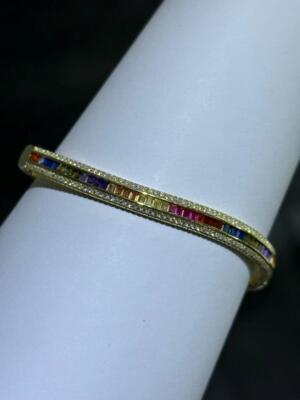 18k Gold Sterling Silver Rainbow Sapphire Wave Design Channel Bangle ...