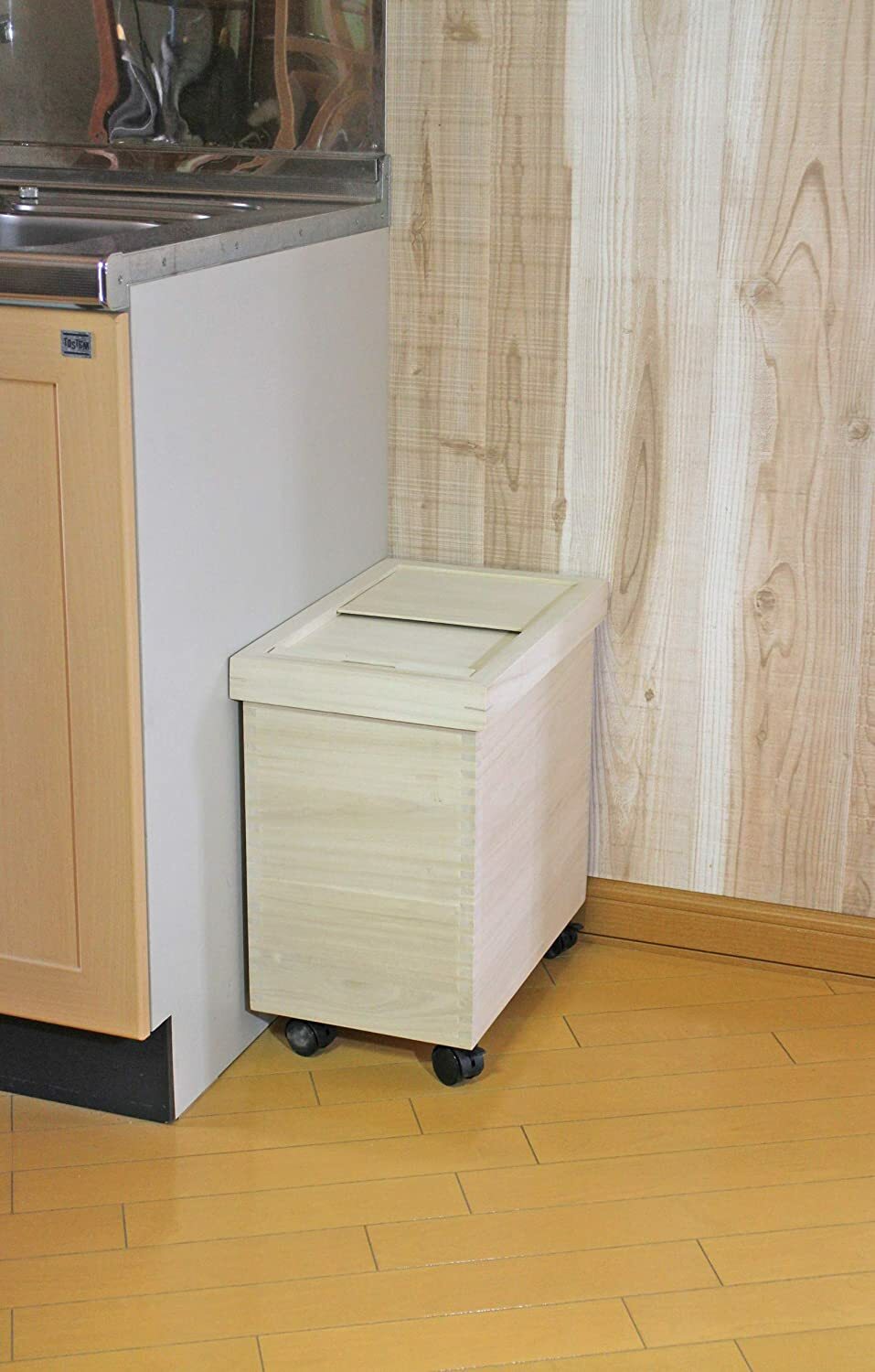 20kg Japanese Wooden Rice Bin Storage Removable Lid w/Casters & Rice ...