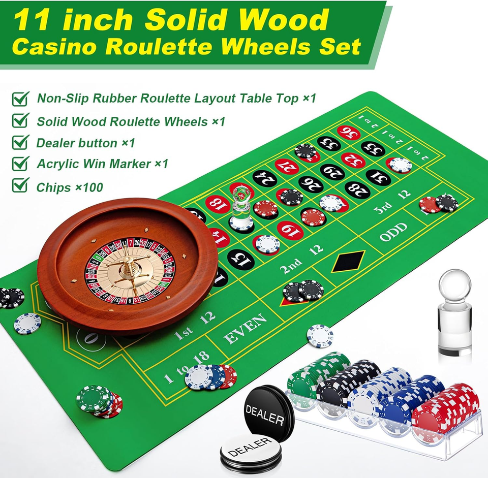 Roulette Wheel Game Set Include 11'' Solid Wood Roulette Wheel 35" X 16 ...