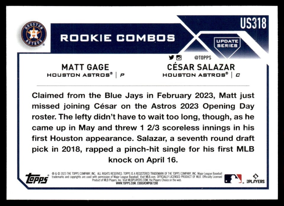 2023 Topps Update César Salazar/Matt Gage Houston Astros #US318 | eBay