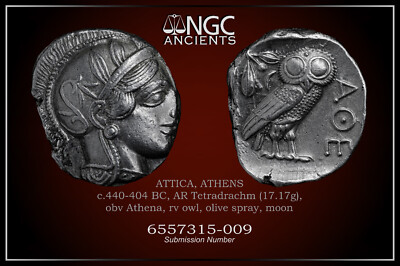 Attica Athens, ancient greek coin 440-404 BC. NGC Ch XF. AR Tetradrachm ...